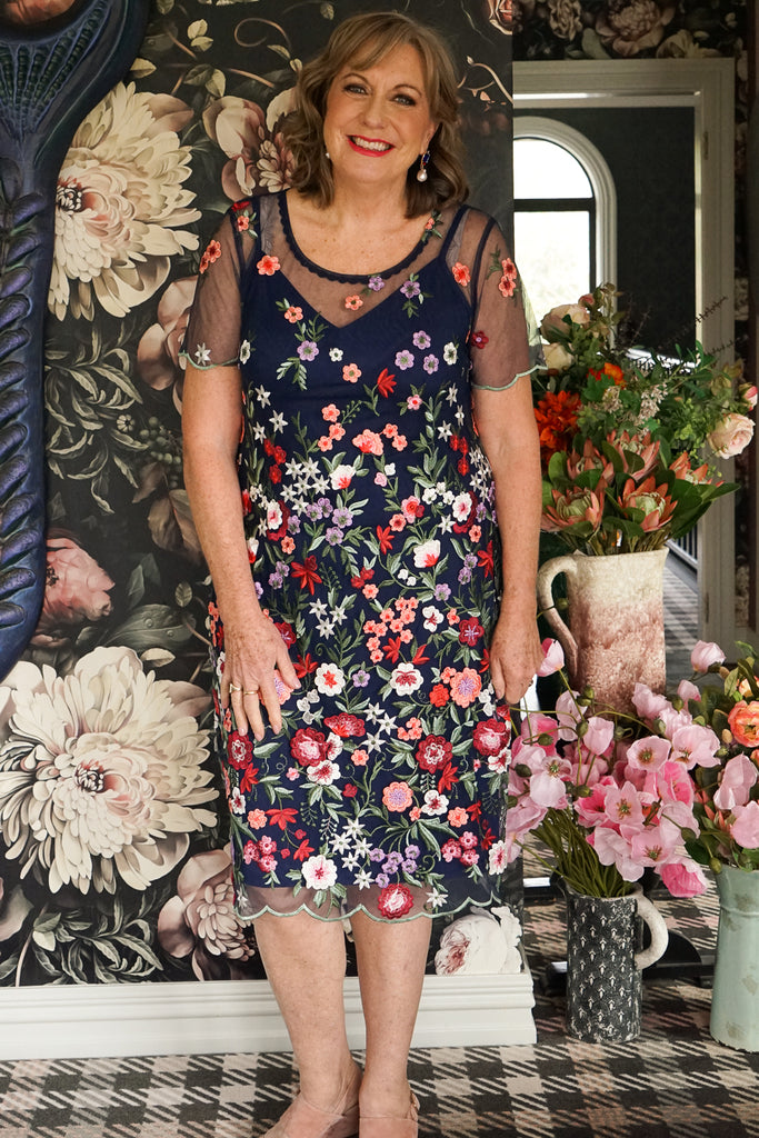 Austin Mandy Dress – Navy Floral Embroidered Lace Dress – Annah Stretton