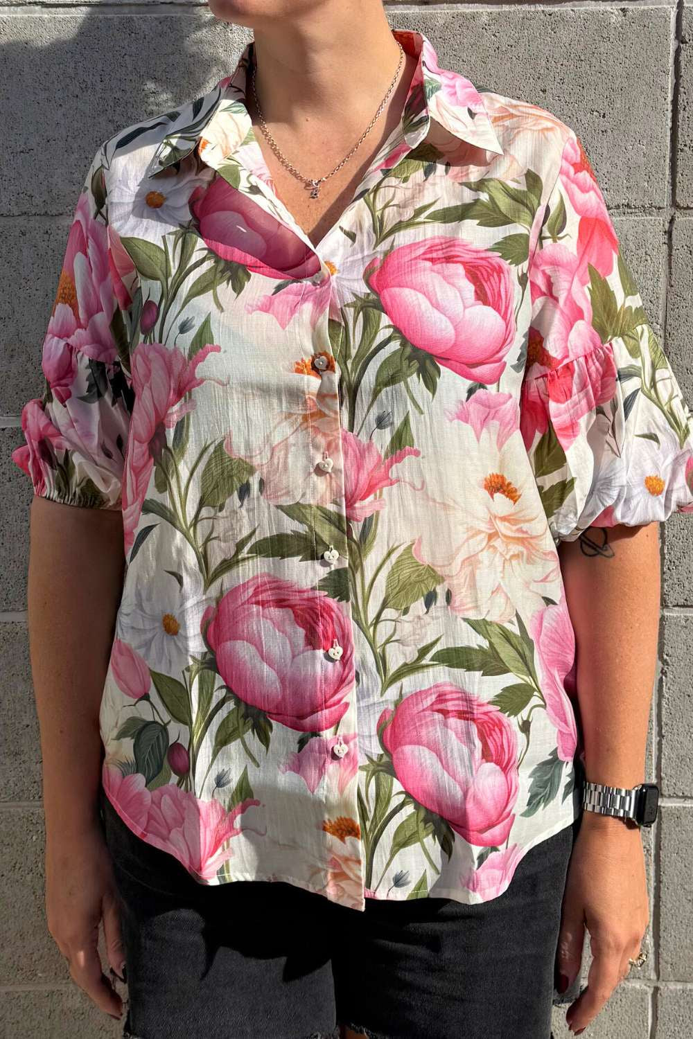 Bubbles Of Joy Blouse - Floral Symphony | Floral 3/4 Sleeve Button Up ...