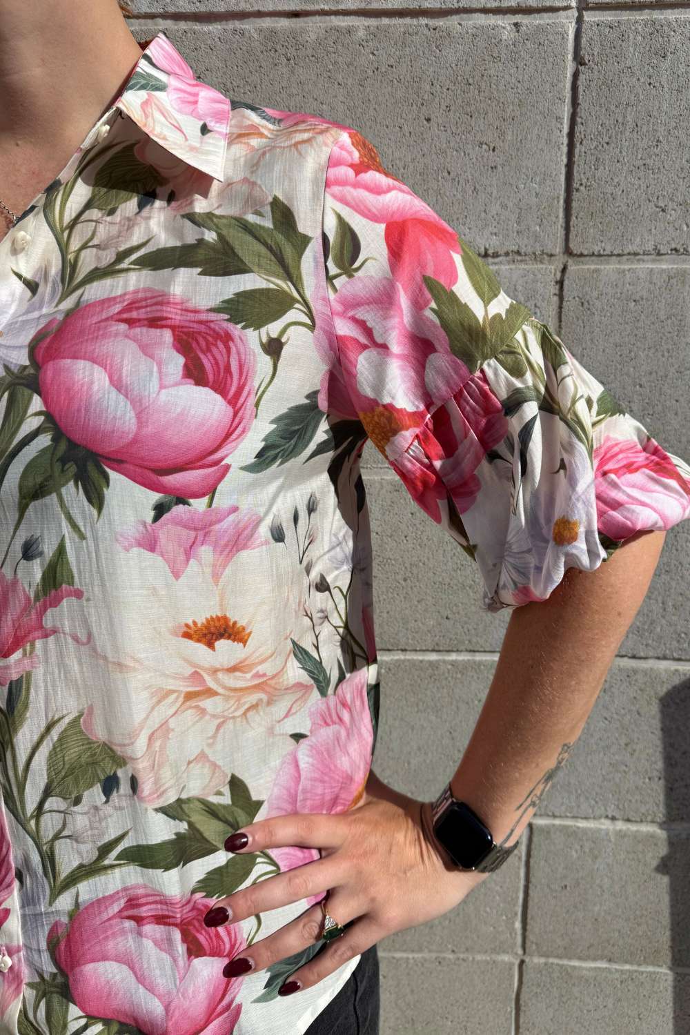 Bubbles Of Joy Blouse - Floral Symphony | Floral 3/4 Sleeve Button Up ...