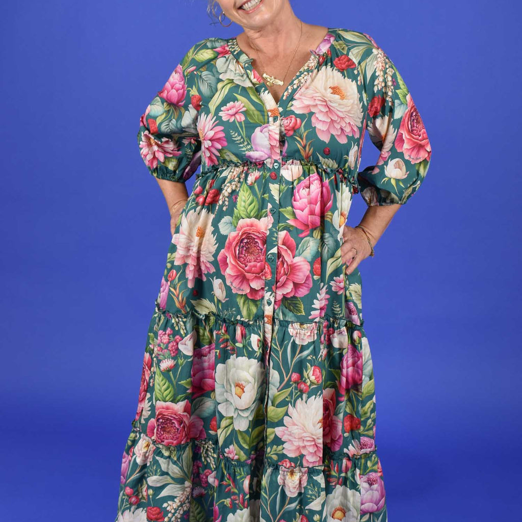 Jasmine Bloom Dress – Forest Flourish Cotton | Annah Stretton