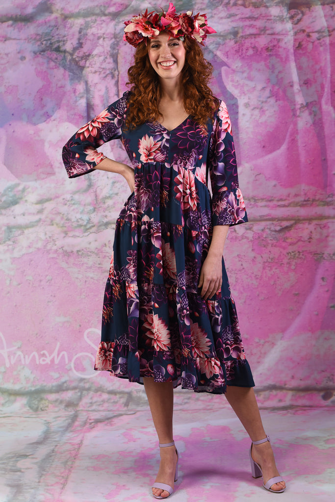 Magic Dress - Purple Dahlia | Floral Tiered Dress | Midi Length – Annah ...